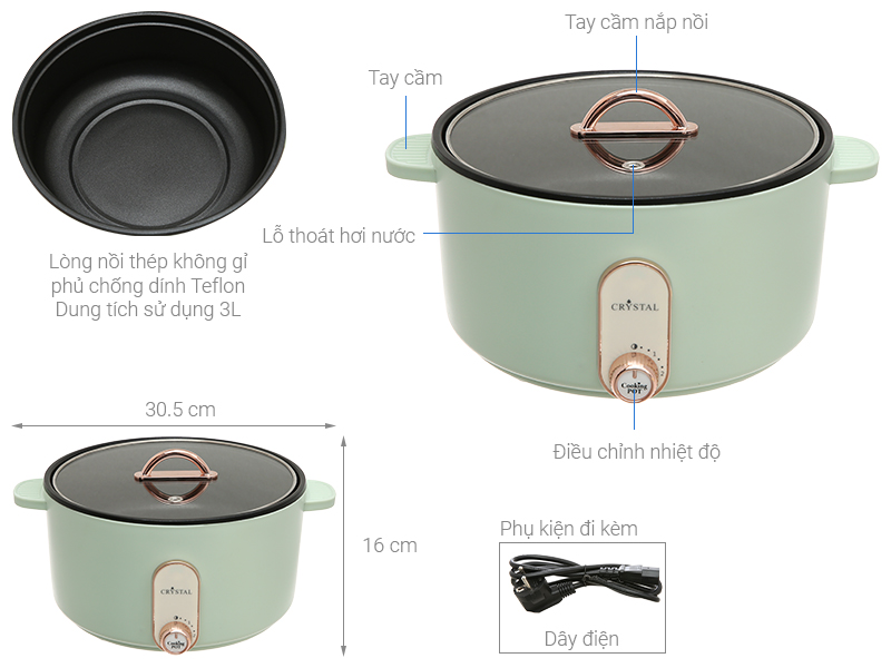 Nồi lẩu điện Crystal MS-30LT02-6 3 lít - Chính hãng | Điện máy XANH