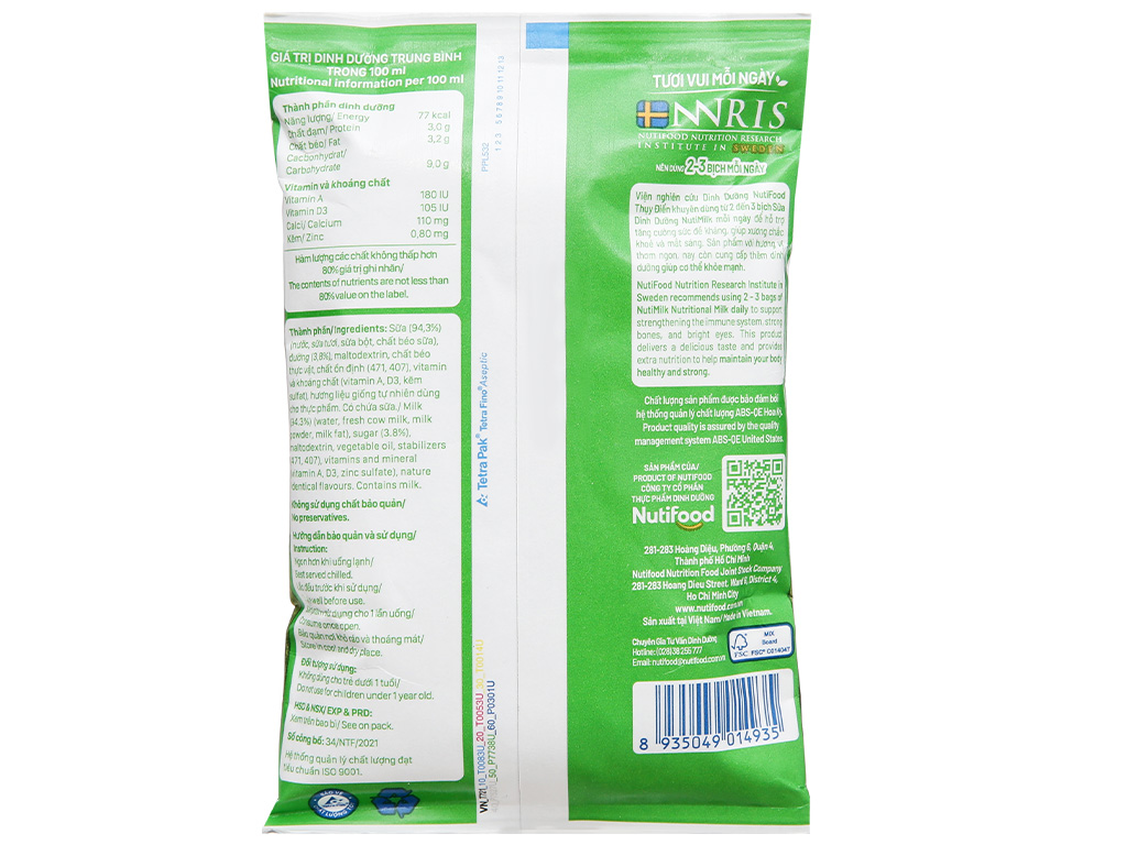 48 bịch Nutimilk có đường 220ml giá tốt tại Bách hoá XANH