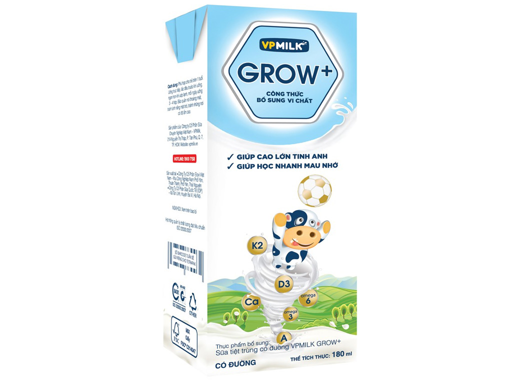 Sữa tươi tiệt trùng có đường VPMilk Grow+ hộp 180ml