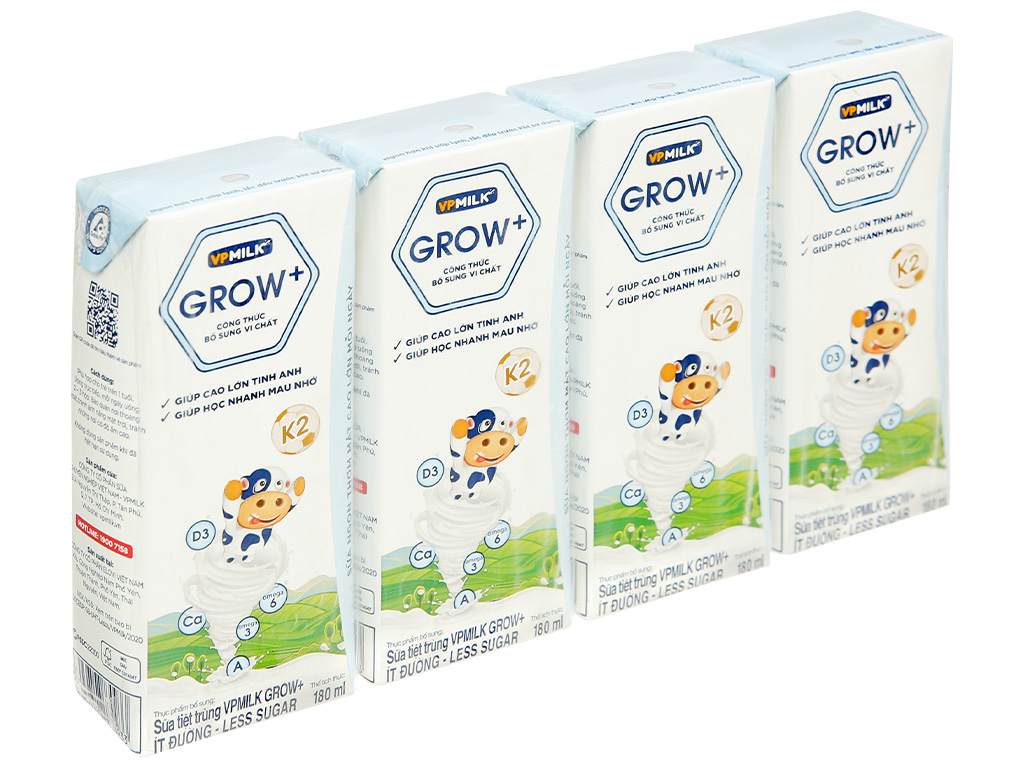 Lốc 4 hộp sữa tươi ít đường VPMilk Grow+ 180ml Bách hóa XANH
