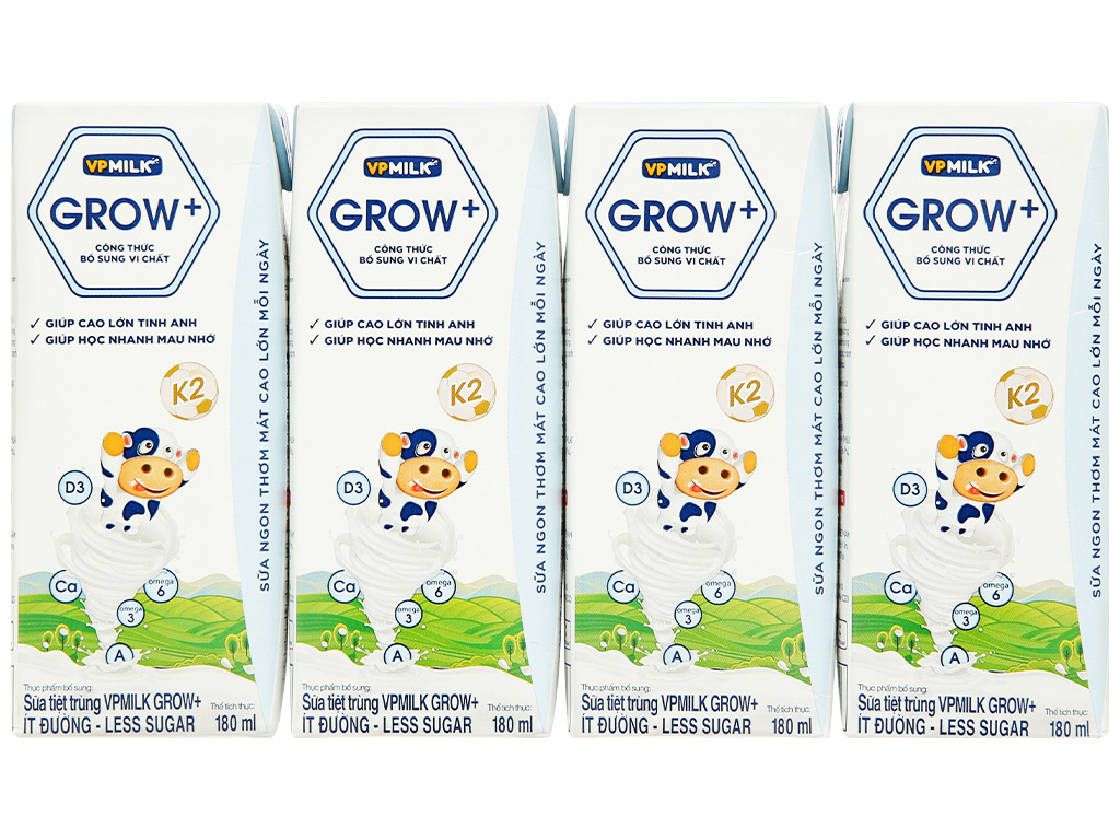 Lốc 4 hộp sữa tươi ít đường VPMilk Grow+ 180ml Bách hóa XANH