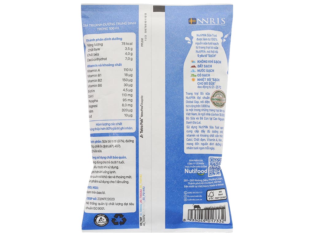 48 bịch sữa ít đường Nutimilk tươi sạch 220ml Bách hóa XANH