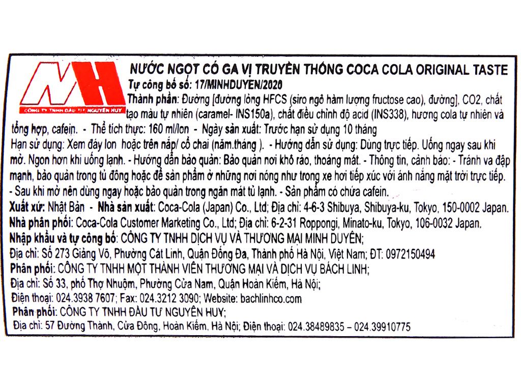 30 lon nước ngọt Coca Cola Original 160ml Bách hoá XANH