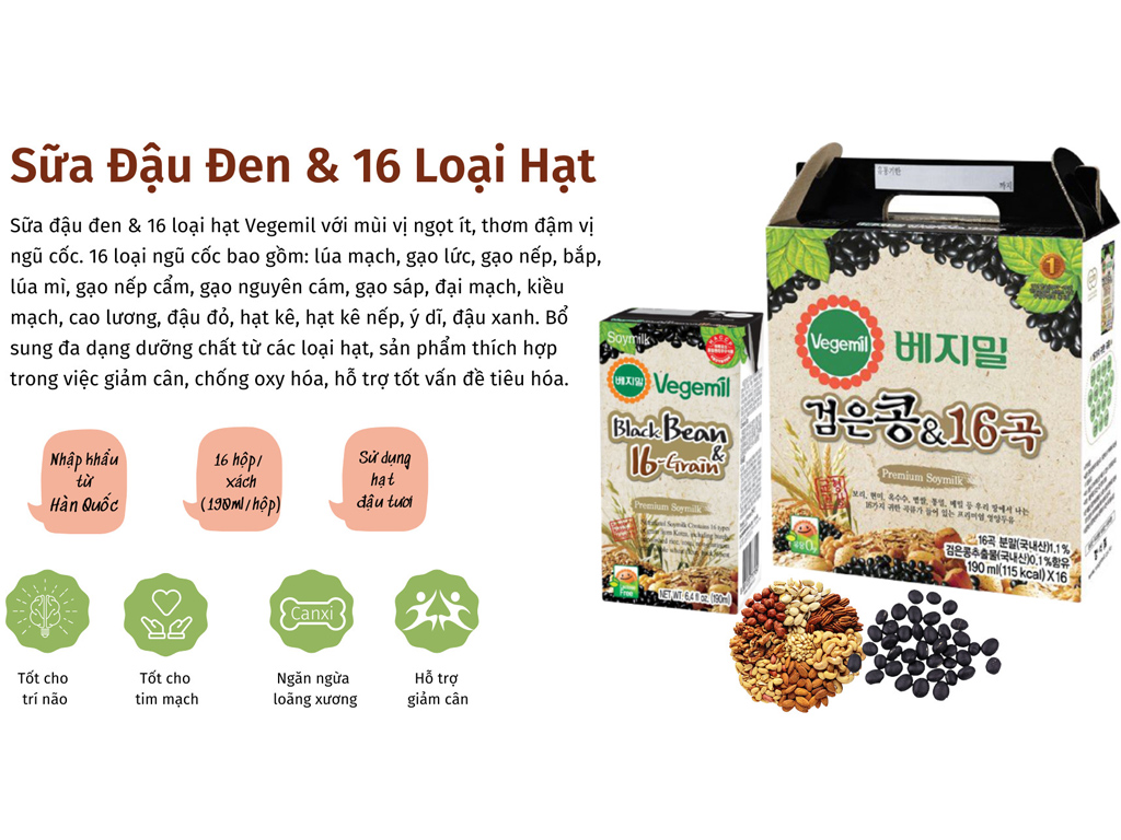 Sữa hạt Vegemil đậu đen 16 loại ngũ cốc 190ml Bách hóa XANH