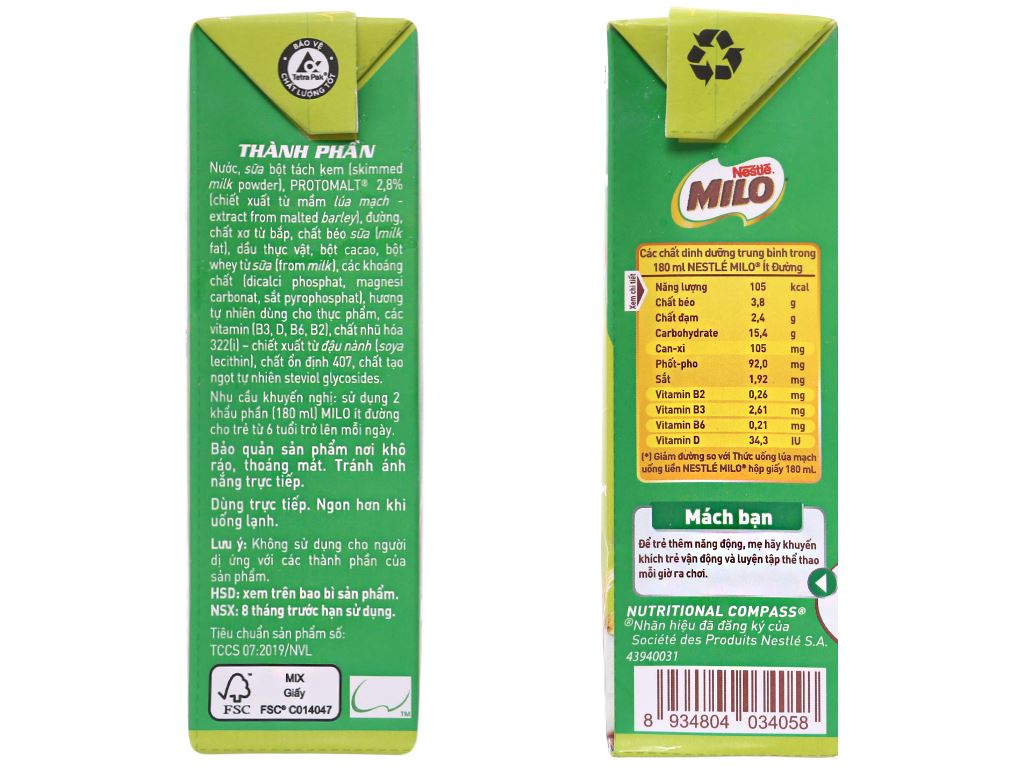 Sữa lúa mạch ít đường Milo 180ml giá tốt tại Bách hoá XANH