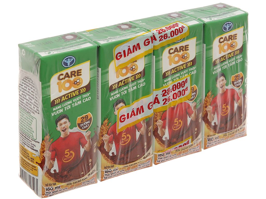 Lốc 4 hộp sữa cacao Care 100 Active 180ml tại Bách hóa XANH