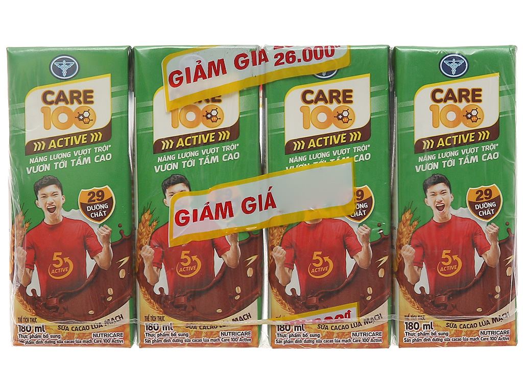 Lốc 4 hộp sữa cacao Care 100 Active 180ml tại Bách hóa XANH