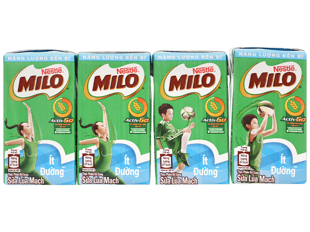 4 hộp sữa lúa mạch ít đường Milo 115ml tại Bách hóa XANH
