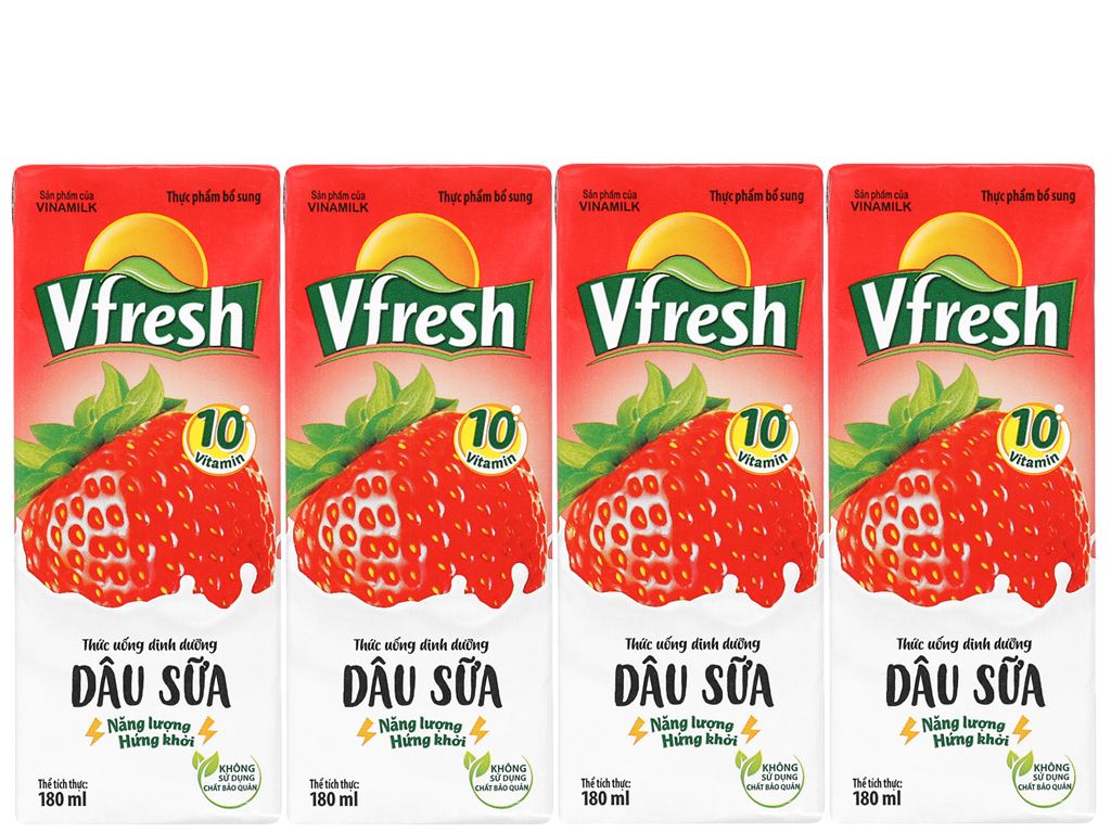 4 hộp nước dâu sữa Vfresh 180ml giá tốt tại Bách hoá XANH