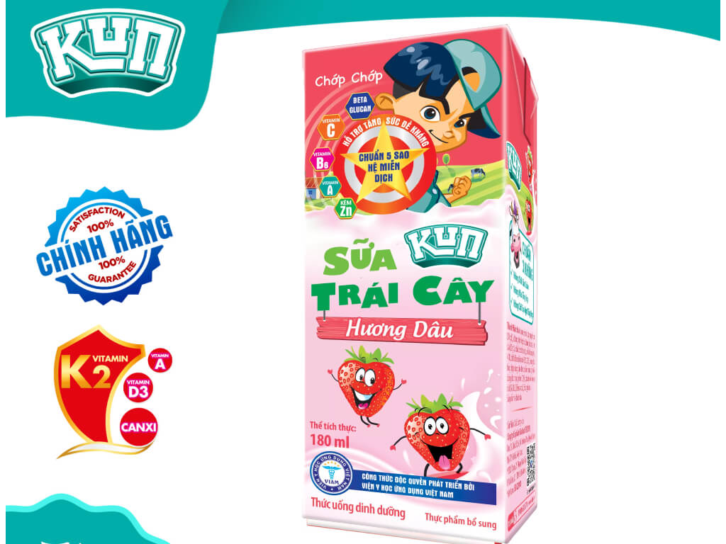 Lốc 4 hộp sữa trái cây Kun hương dâu 180ml tại Bách Hoá XANH