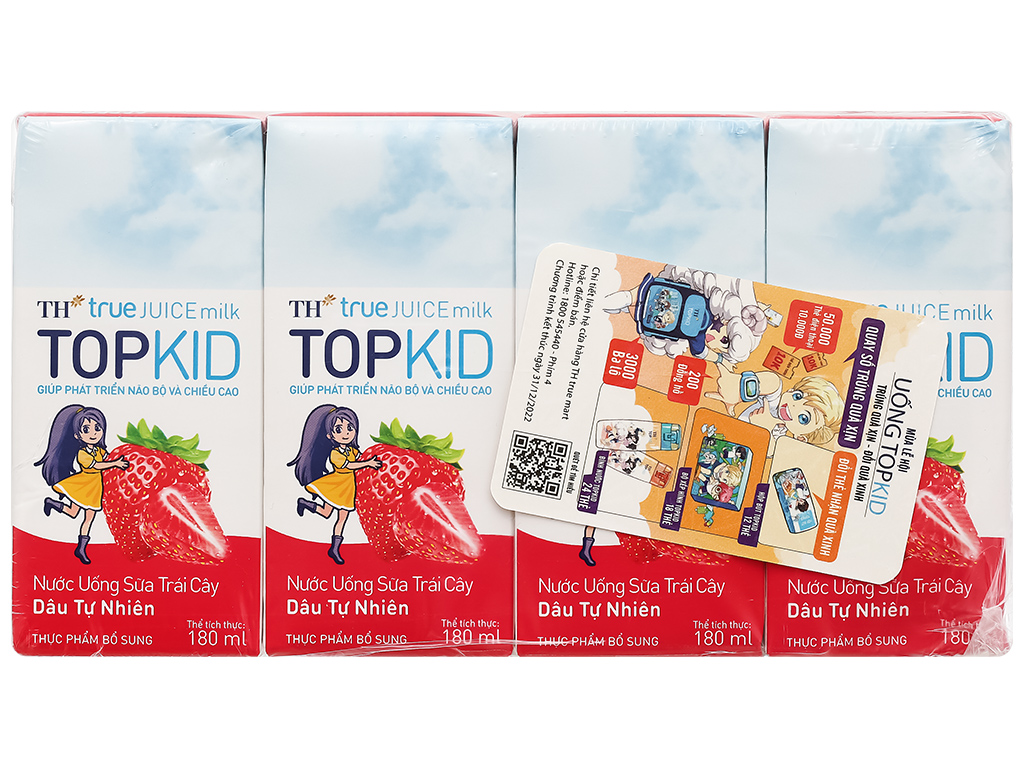 4 hộp sữa trái cây TH Topkid dâu 180ml tại Bách Hoá XANH