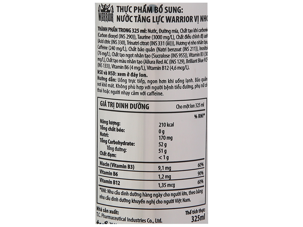 6 lon nước tăng lực Warrior nho 320ml tại Bách Hóa Xanh
