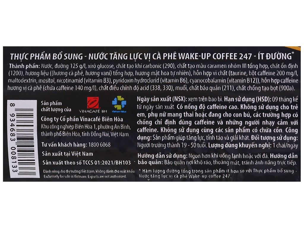 6 chai nước tăng lực Wake Up 247 ít đường 330ml tại Bách Hóa XANH