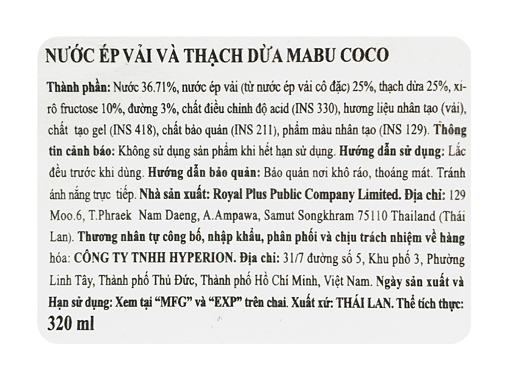 Nước ép có thạch dừa Mabu Coco vải 320ml cực thơm ngon