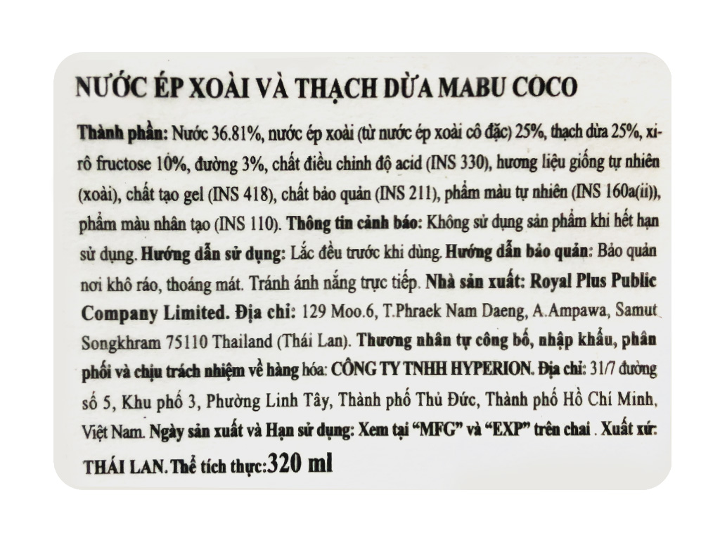 Nước ép có thạch dừa Mabu Coco xoài 320ml cực thơm ngon