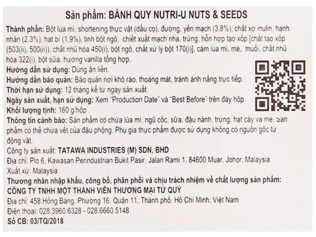 Bánh quy nutri-u nuts & seeds Tatawa hộp 160g Bách hóa XANH