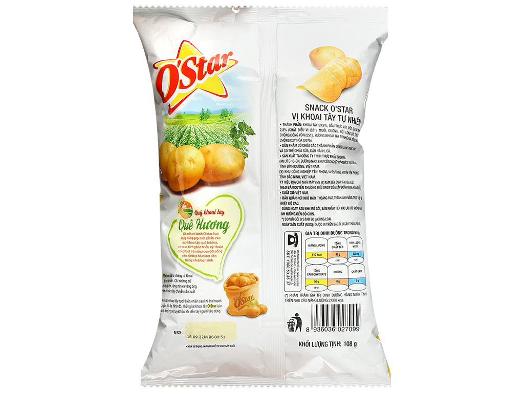 Snack khoai tây vị tự nhiên O'Star 108g tại Bách hóa XANH