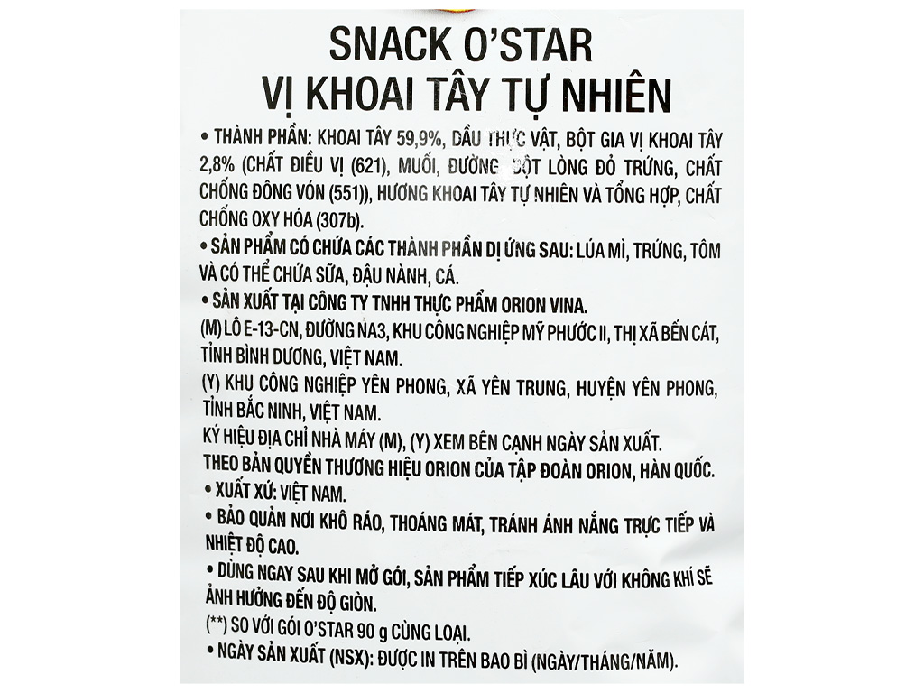 Snack khoai tây vị tự nhiên O'Star 108g tại Bách hóa XANH