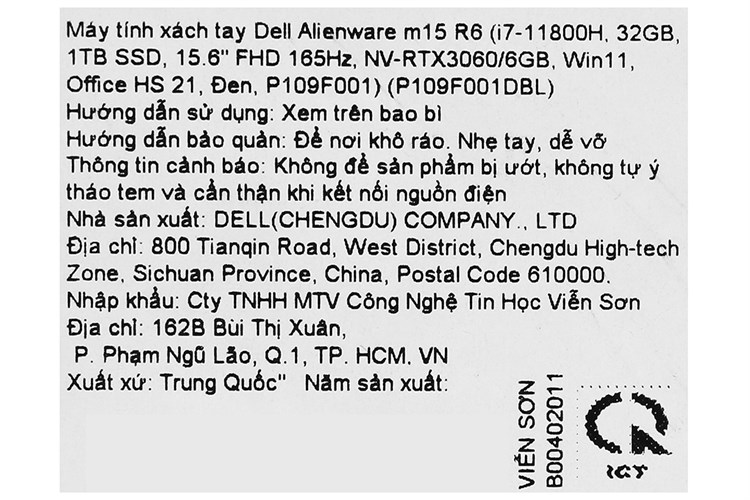 Laptop Dell Gaming Alienware m15 R6 i7 (P109F001DBL) - Chính hãng