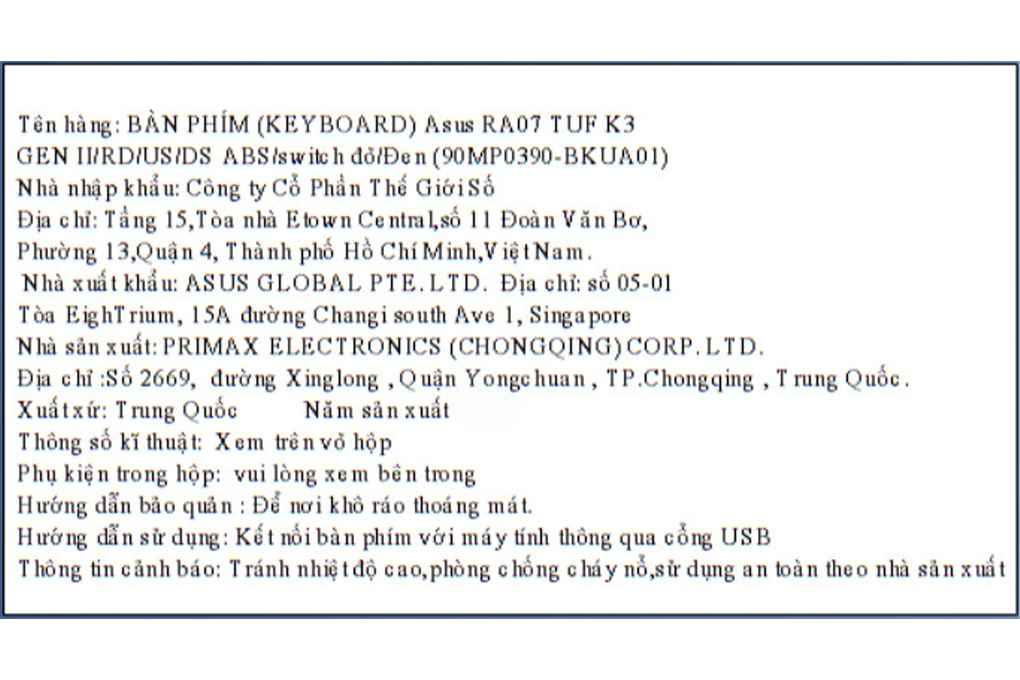 Bàn Phím Cơ Có Dây Gaming Asus RA07 TUF K3 GEN II