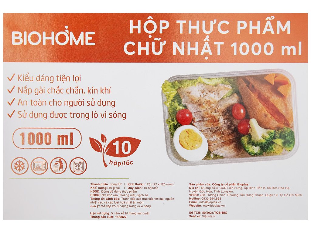 Bộ 10 hộp thực phẩm chữ nhật Biohome 1 lít tại Bách Hoá XANH