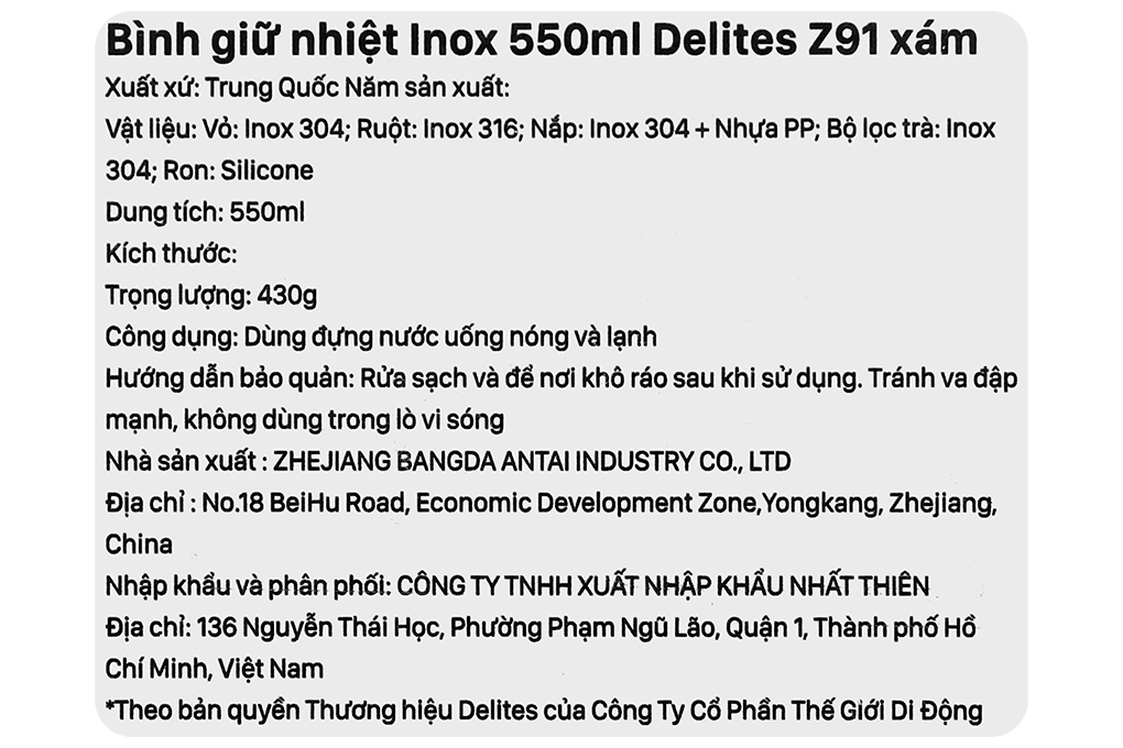 Bình giữ nhiệt Inox 550 ml Delites Z91 xám - giá tốt, an toàn, giao ...