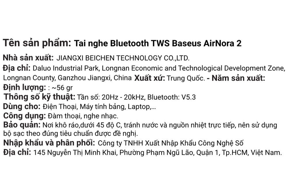 Tai nghe Bluetooth True Wireless Baseus AirNora 2