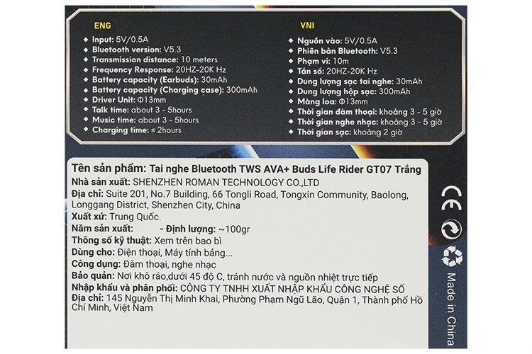 Tai nghe Bluetooth True Wireless AVA+ Buds Life Rider GT07 giá rẻ
