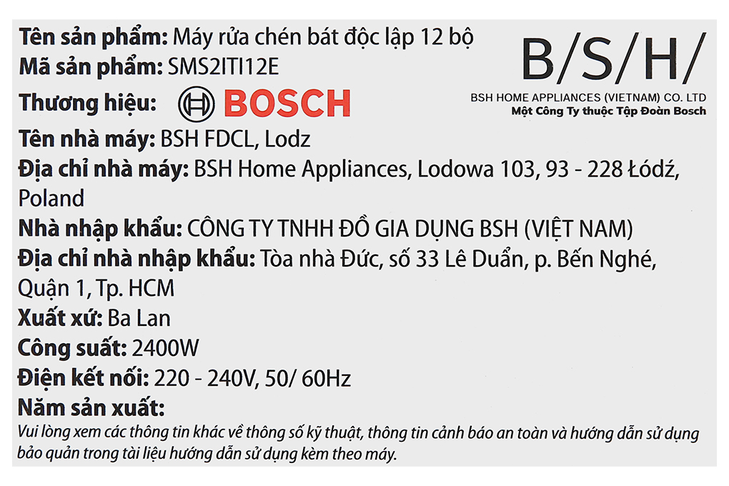 Máy rửa chén độc lập Bosch SMS2ITI12E - Chính hãng, giá tốt
