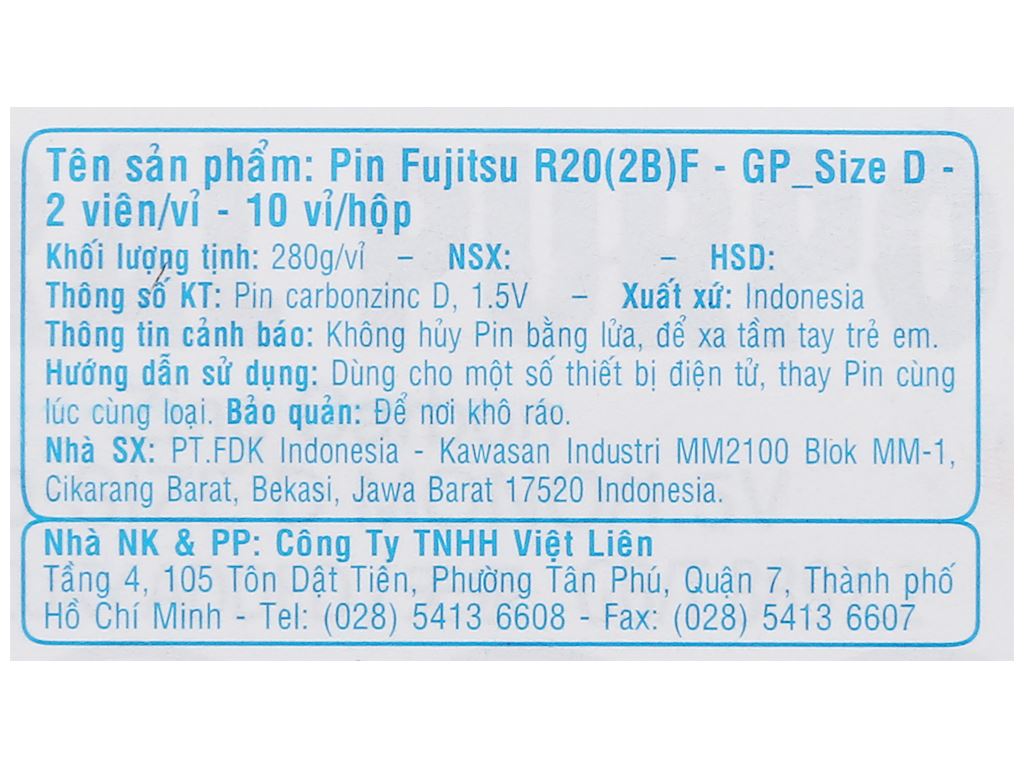 2 viên Pin Fujitsu Carbonzinc R20 giá tốt tại Bách hoá XANH