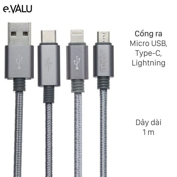 Cáp 3 đầu Lightning Type C Micro 1m eValu Spanker B 2 Xám