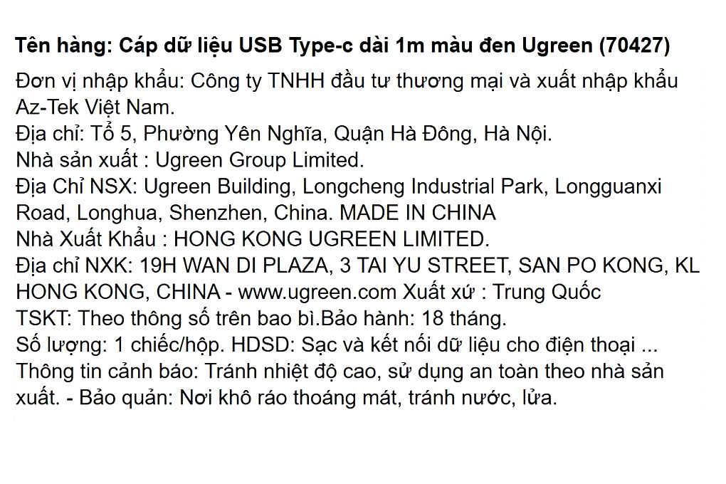 Cáp Type C - Type C 1m Ugreen 70427