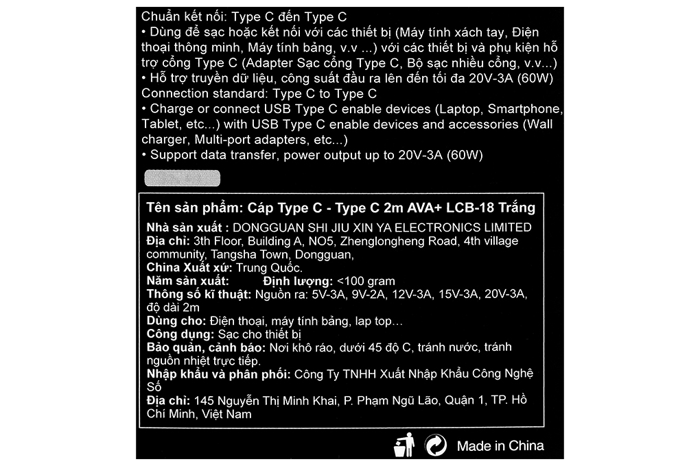 Cáp Type C - Type C 2m AVA+ LCB-18 - giá rẻ, chính hãng 100%