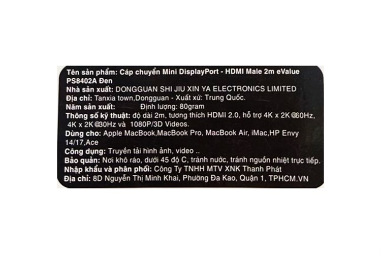 Cáp chuyển Mini DisplayPort - HDMI Male 2 m e.VALU PS8402A