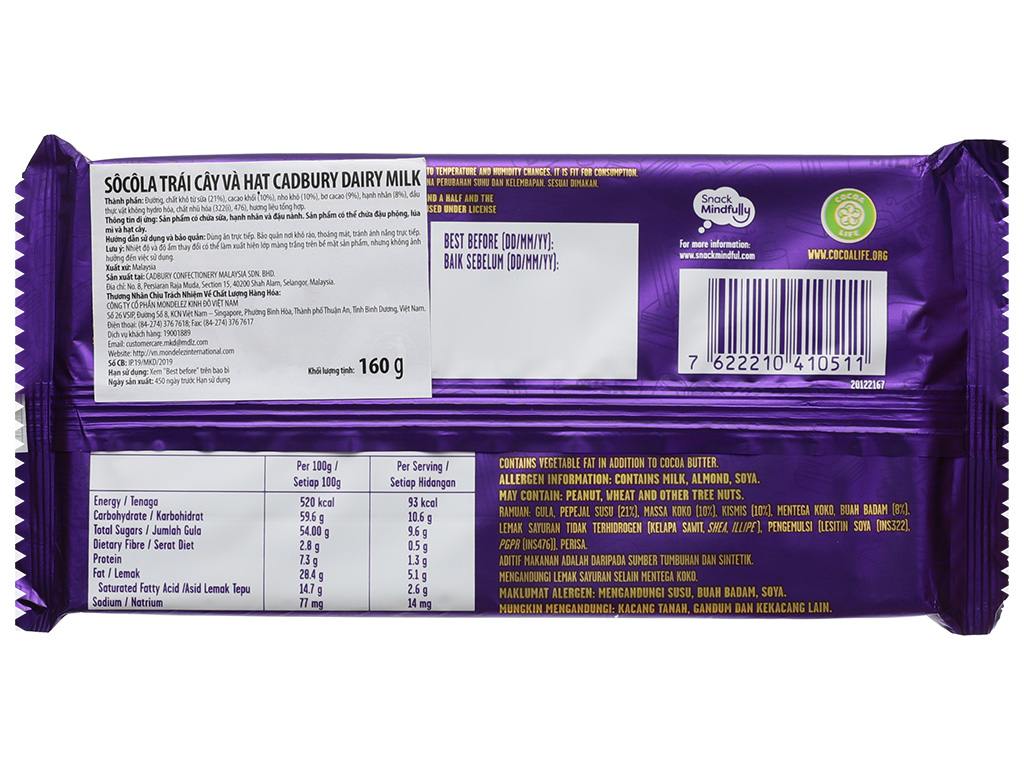 Socola trái cây hạt Cadbury Dairy Milk 160g Bách hoá XANH