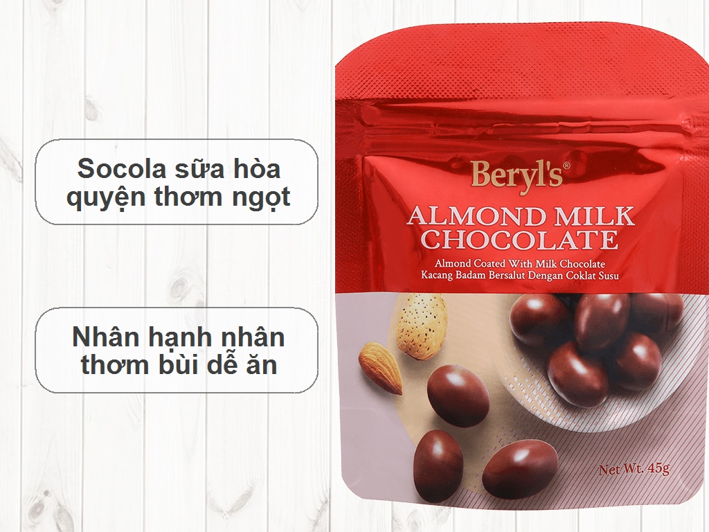 Socola sữa hạt hạnh nhân Beryl's gói 45g tại Bách hoá XANH