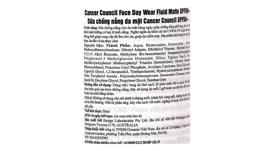 Sữa chống nắng Cancer Council Fluid Matte SPF50+ cho da mặt chai 50ml ...