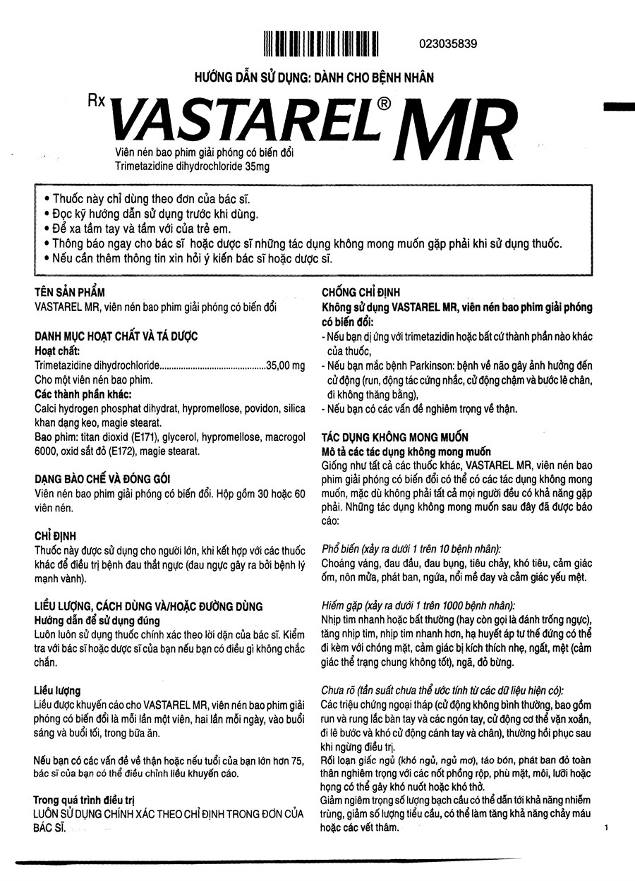 Vastarel MR 35mg trị đau thắt ngực (2 vỉ x 30 viên) chính hãng, giao ...