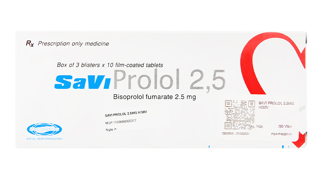 SaviProlol 2.5mg trị tăng huyết áp, đau thắt ngực (3 vỉ x 10 viên) - 08 ...