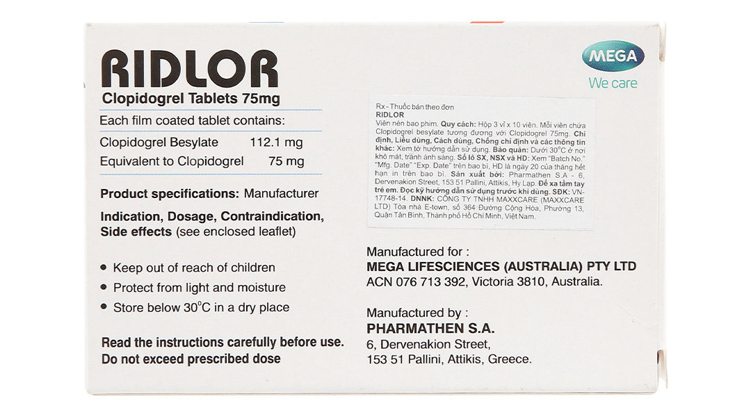 Ridlor 75mg thuốc trị rối loạn nghẽn mạch máu (3 vỉ x 10 viên) - 08/ ...
