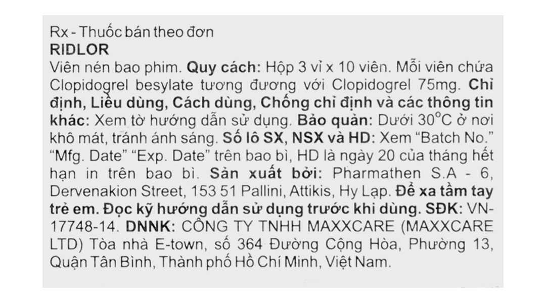 Ridlor 75mg thuốc trị rối loạn nghẽn mạch máu (3 vỉ x 10 viên) - 08/ ...