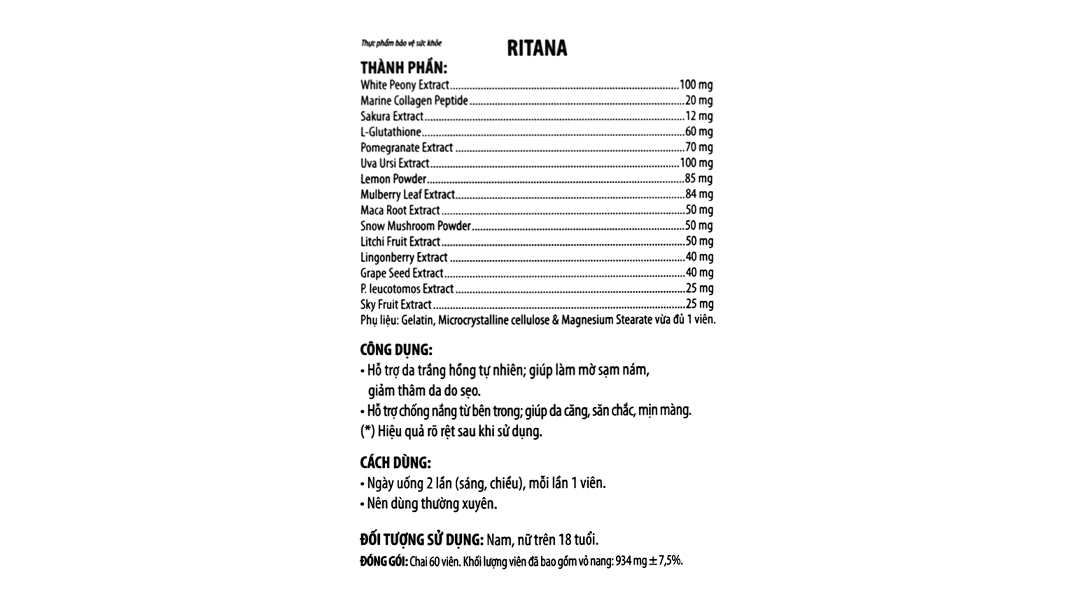 Ecogreen Ritana Skin Whitening làm trắng da, giảm nám hộp 60 viên - 08/ ...