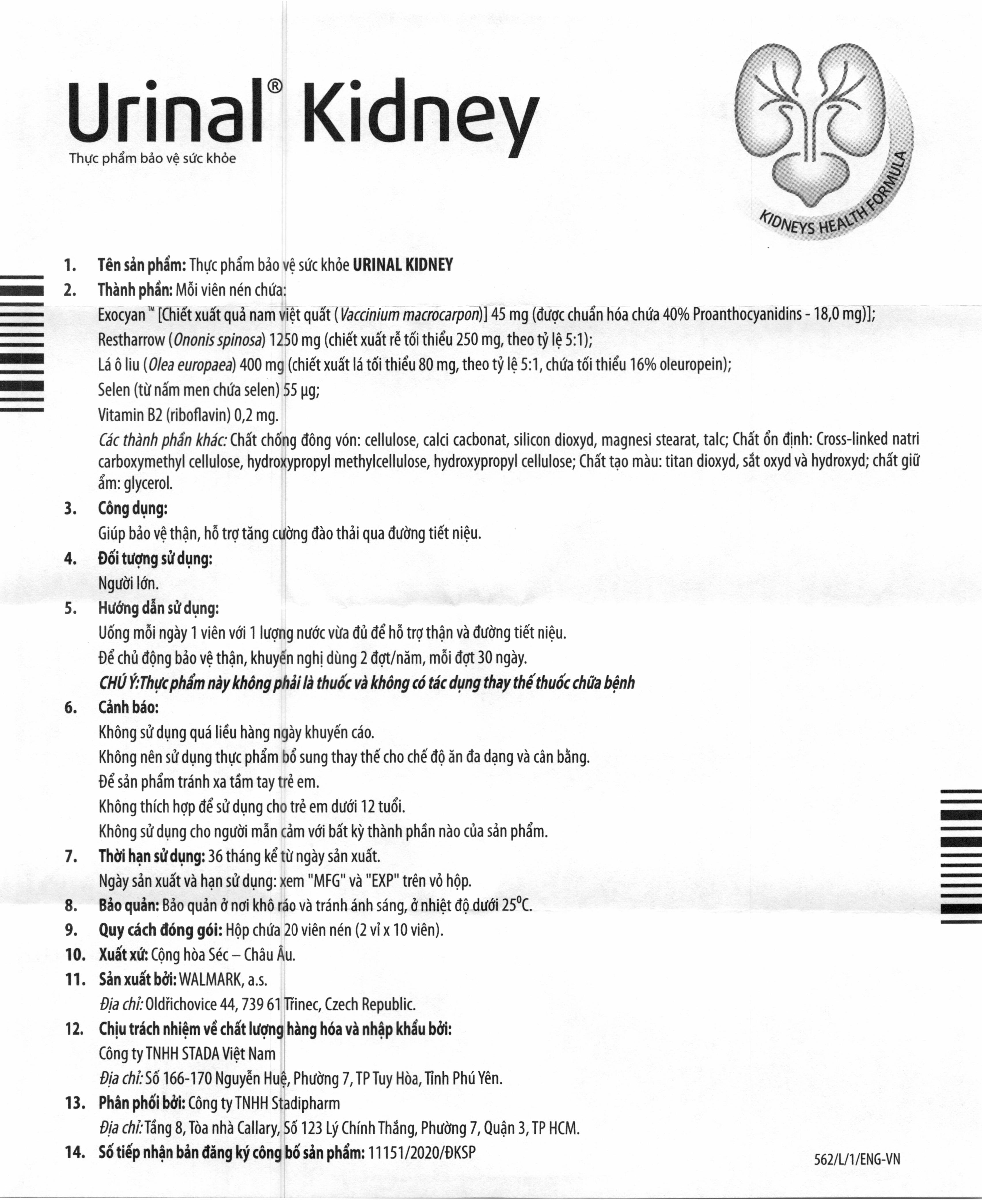Stada Urinal Kidney giúp bổ thận, tăng cường đào thải hộp 20 viên 04/ ...