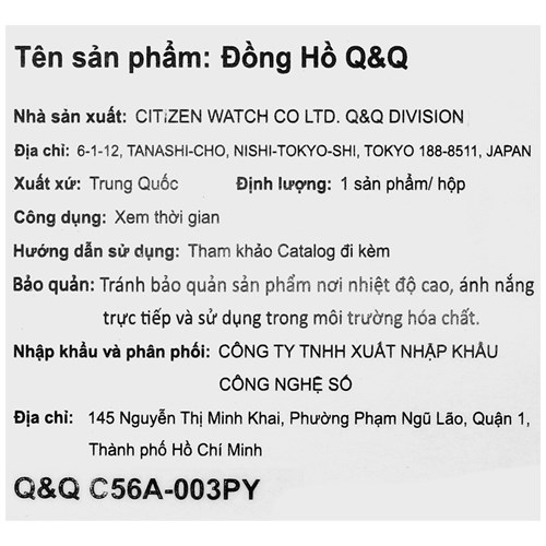 Đồng hồ Q&Q C56A-003PY chính hãng, giá rẻ, mẫu mã đẹp