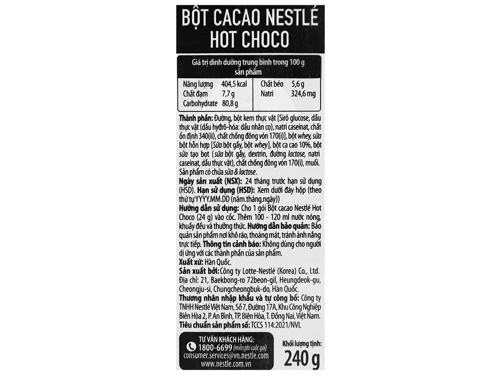 Bột ca cao Hot Choco Nestlé 240g giá tốt tại Bách hoá XANH
