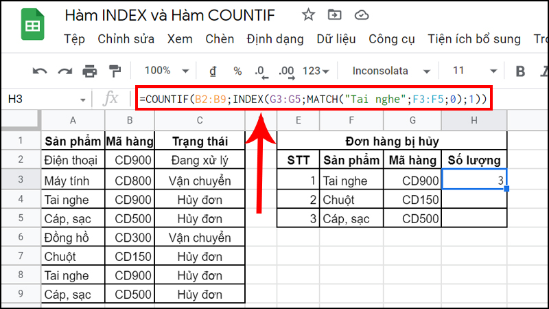 [Video] Cách kết hợp hàm INDEX và hàm COUNTIF trong Google Sheet - Thegioididong.com