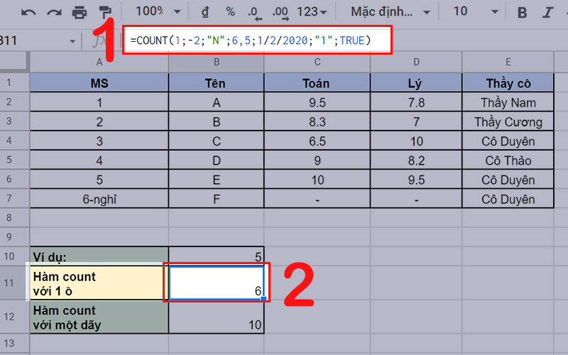 Cách sử dụng hàm COUNT trong Google Sheet