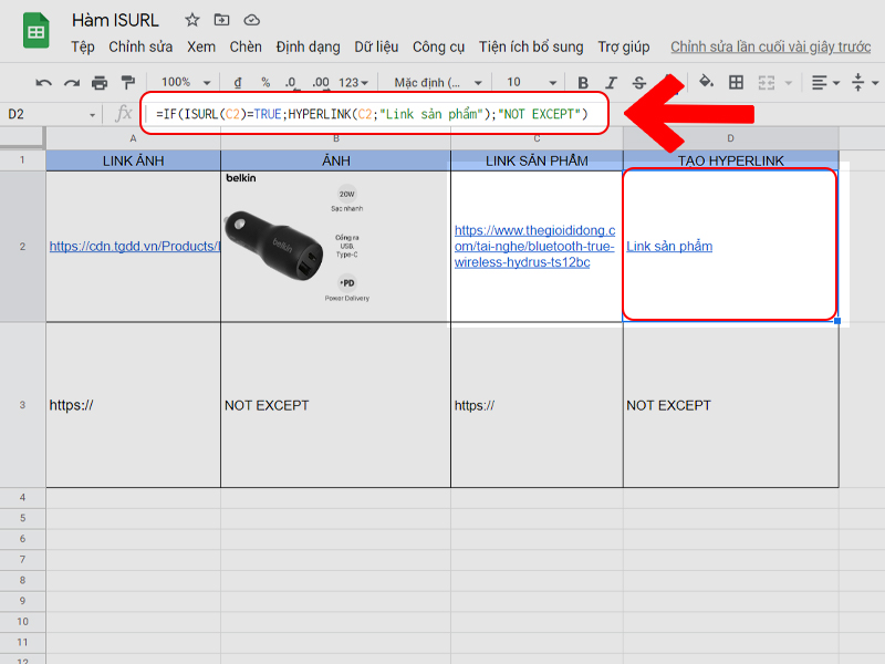[Video] Cách sử dụng hàm ISURL trong Google Sheet kiểm tra địa chỉ web - Thegioididong.com