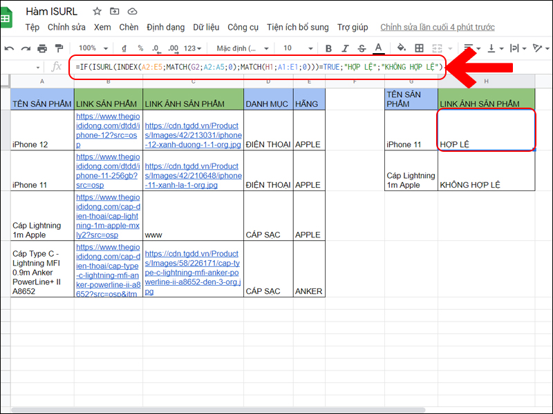 [Video] Cách sử dụng hàm ISURL trong Google Sheet kiểm tra địa chỉ web - Thegioididong.com